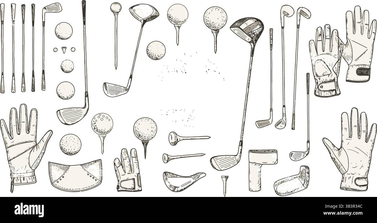 Vintage Golf Equipment Sketch Set – Hand-Drawn Golf Clubs, Balls ...