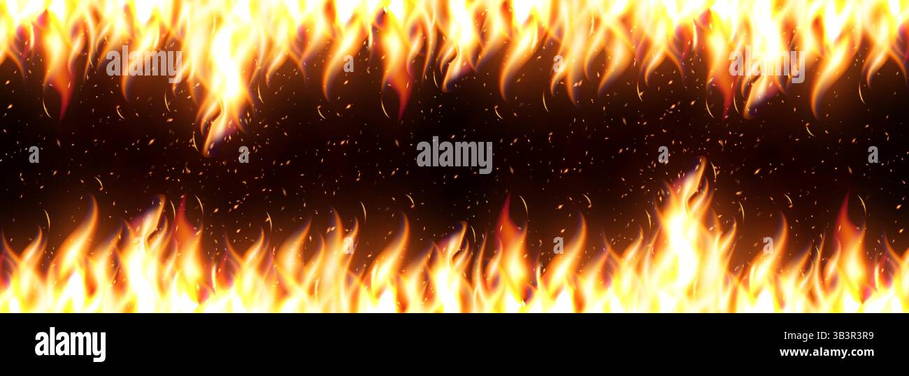 Realistic bright blazing fire border with glowing sparks, intense heat ...