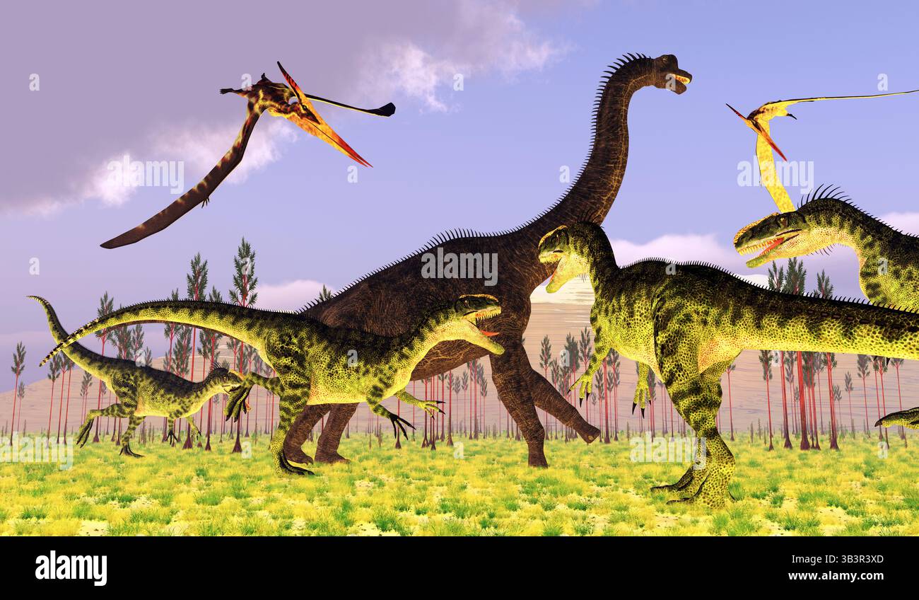 Monolophosaurus theropod dinosaurs attack a Brachiosaurus sauropod ...