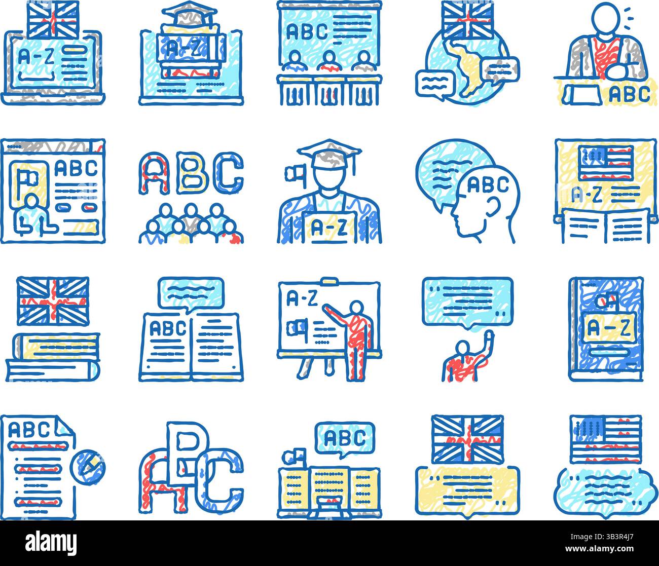 English Language Learn At School Icons hand drawn Stock Vector Image ...