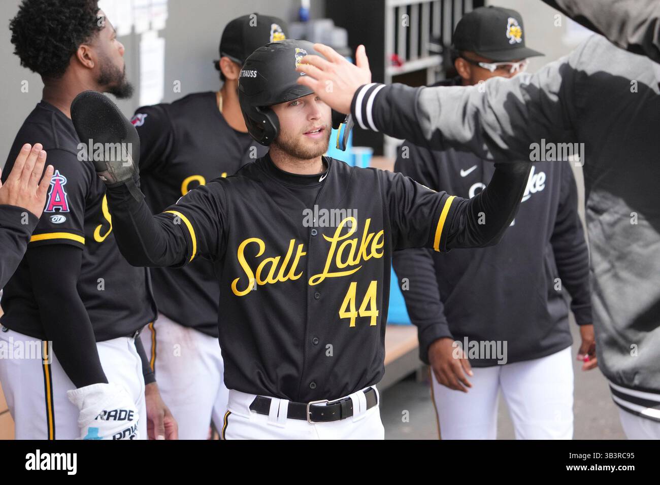 APRIL 27 2025: Salt Lake City third baseman Mitchell Daly (44) scores a ...