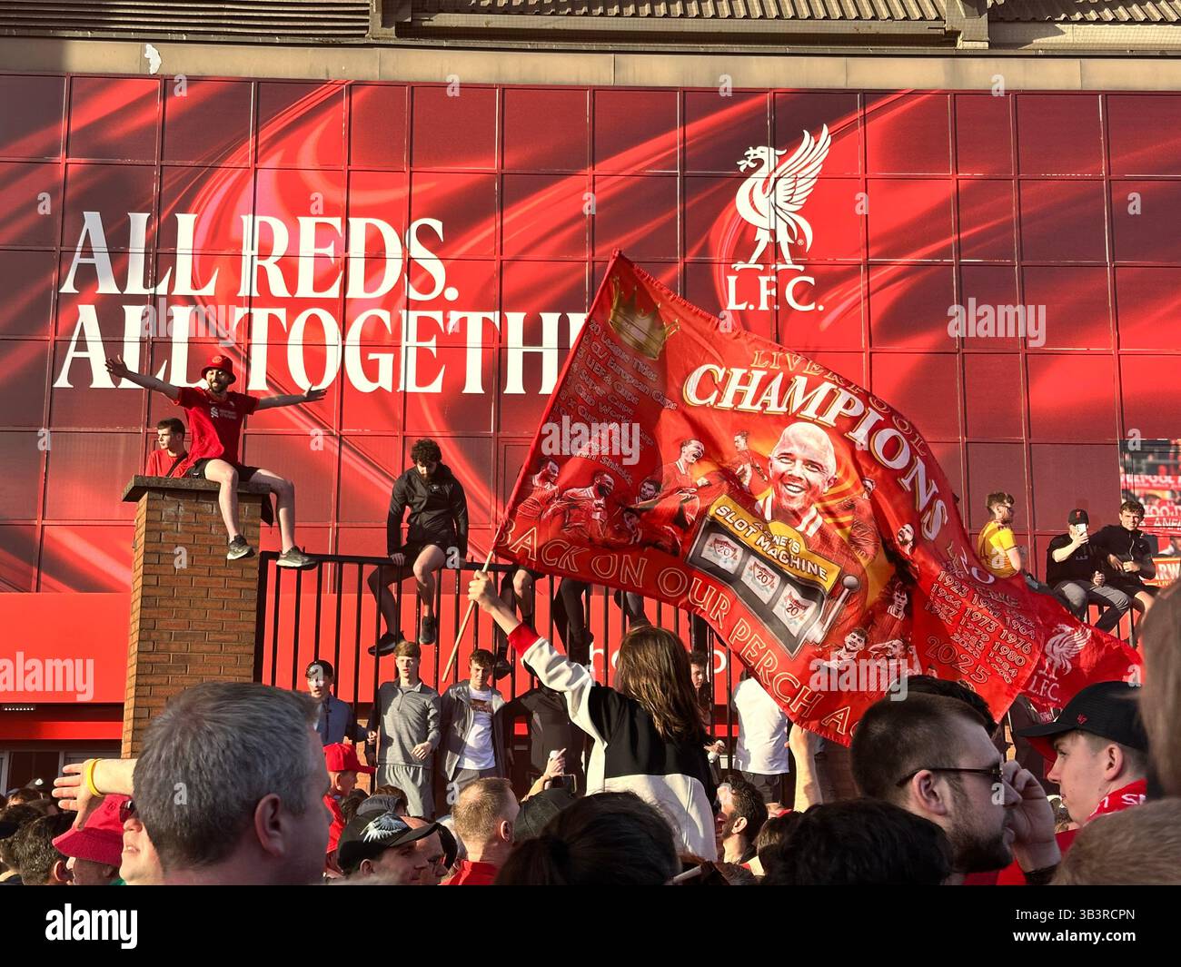 Liverpool fans celebrating outside Anfield on the day they won the ...