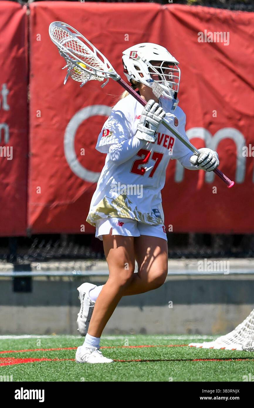 Denver, CO, USA. 26th Apr, 2025. Denver goalie, Emelia Bohi (27), in ...