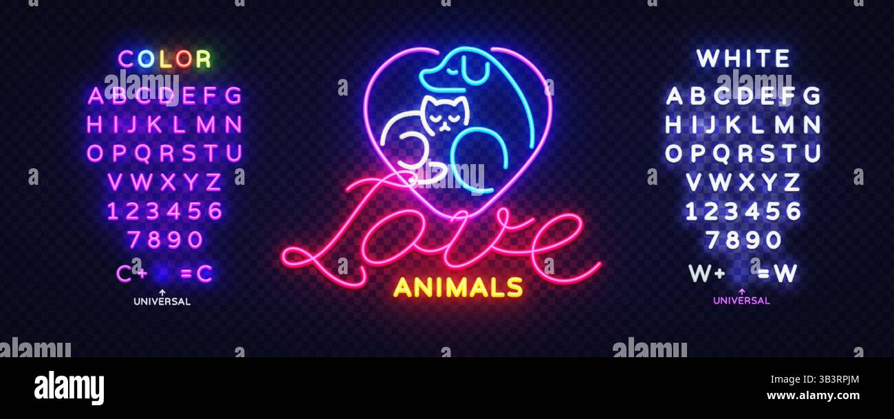 Pet logo with dog, cat, neon, animal, and shop theme in glowing colors ...