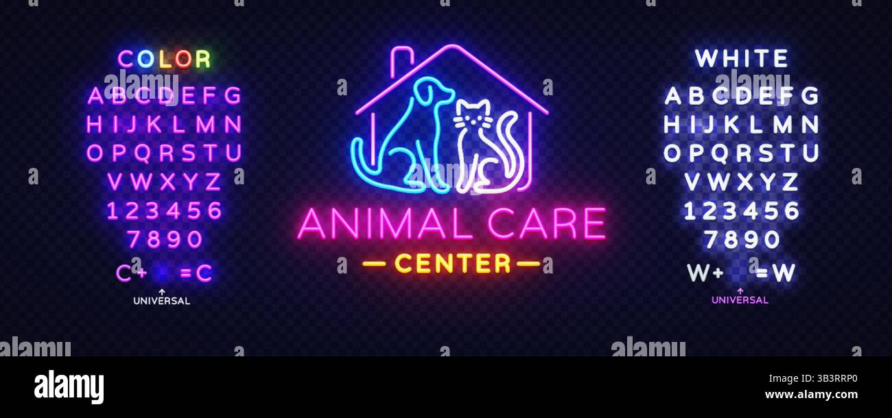 Pet logo with dog, cat, neon, animal, and shop elements featuring the ...