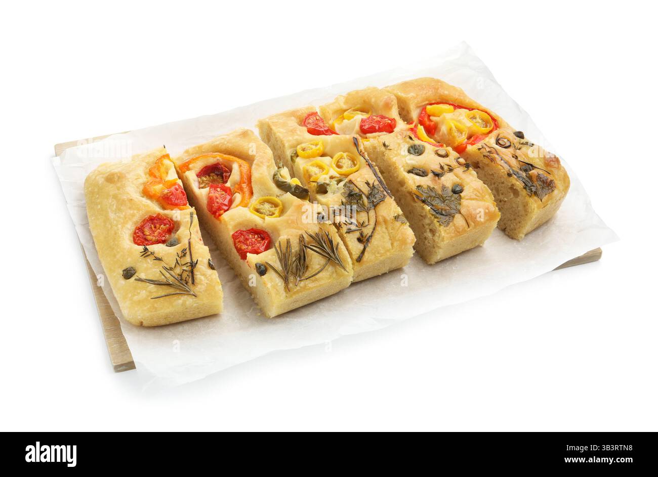 Cut delicious focaccia with flowers made of vegetables isolated on ...