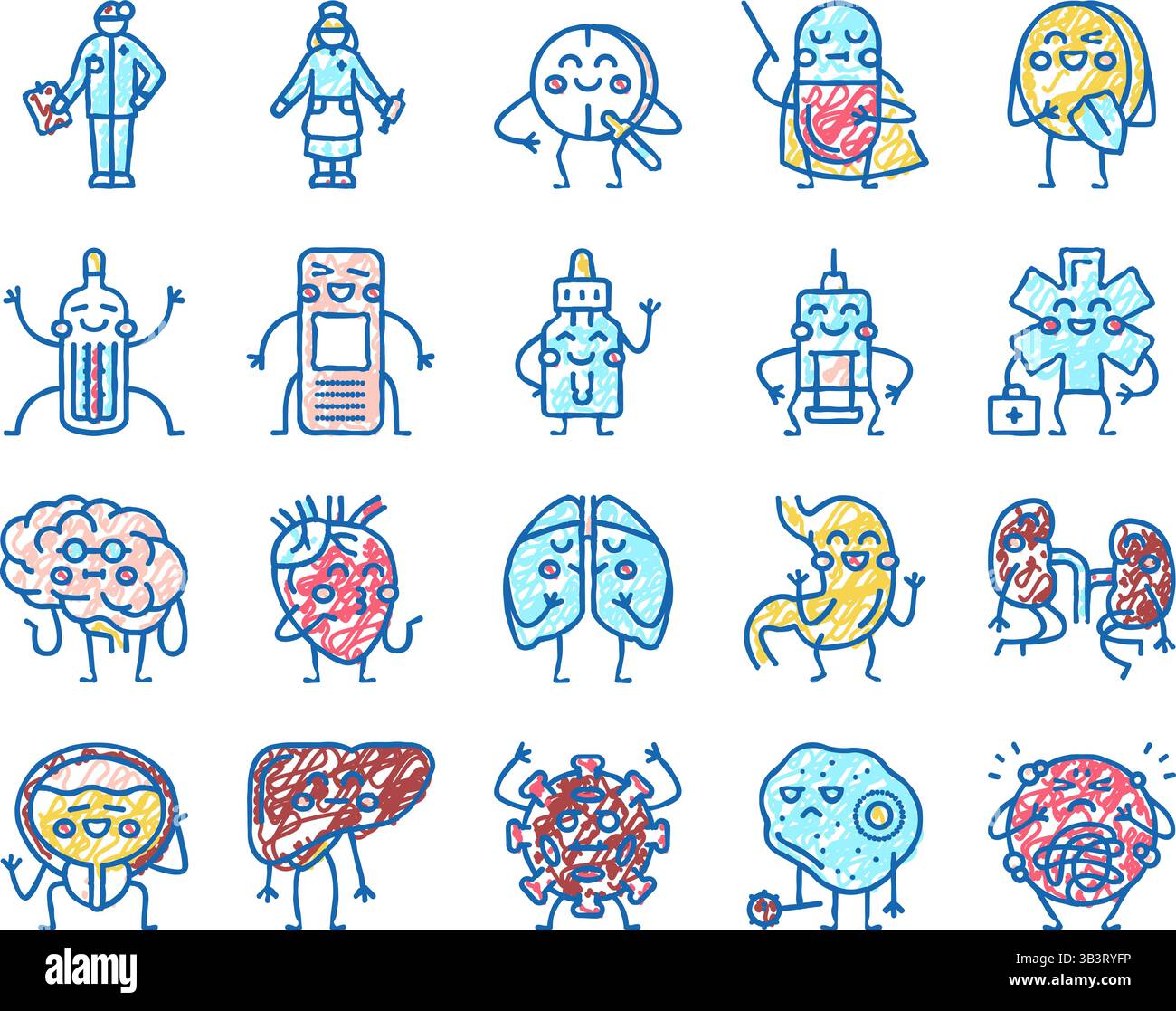 Kid Doctor Disease Treatment Icons hand drawn Stock Vector Image & Art ...