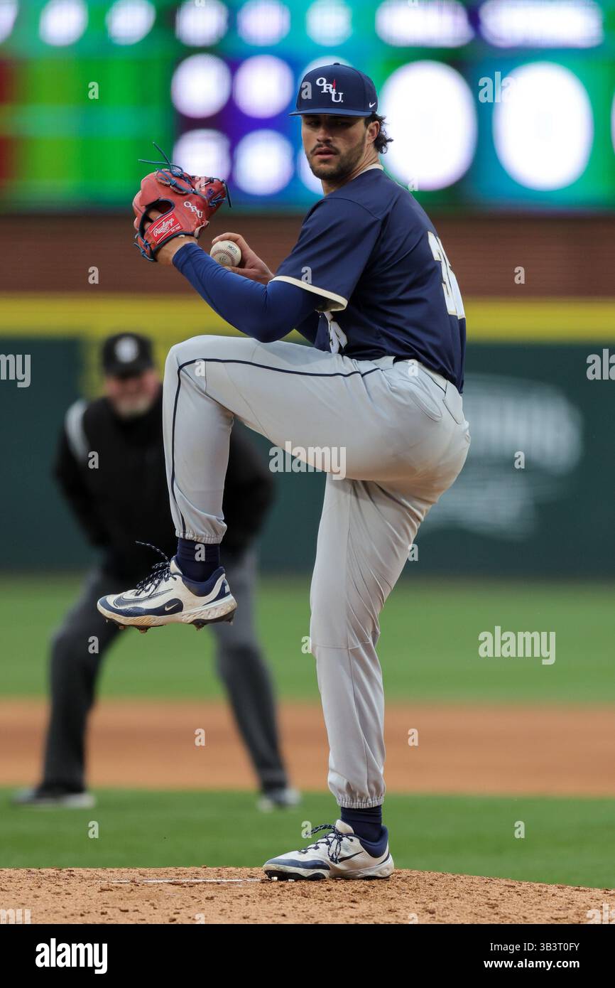 March 19, 2025: Jared Ure (36) pitcher for ORU begins his windup on the ...