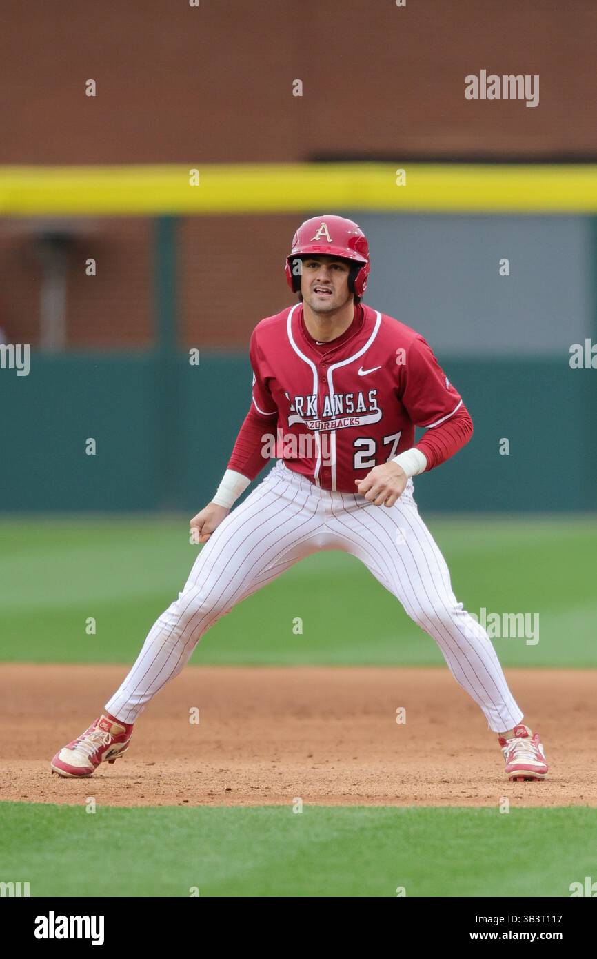 March 19, 2025: Arkansas base runner Ryder Helfrick (27) works to ...