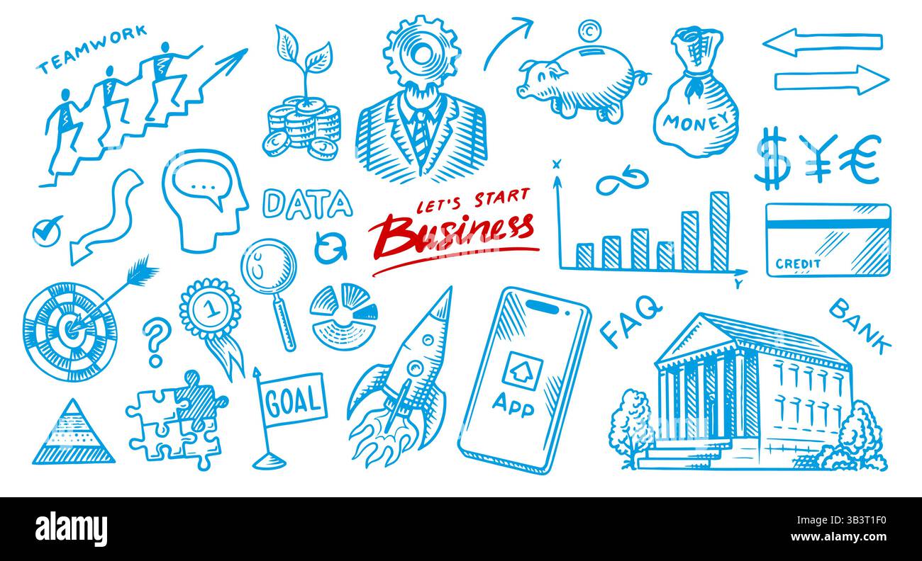 Business doodles hand drawn icons. Management concept. Vector clipart ...