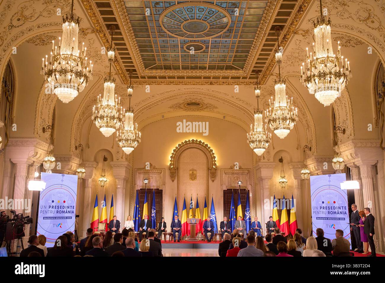 CORRECTS DAY Romania Presidential candidates sit at the Cotroceni ...