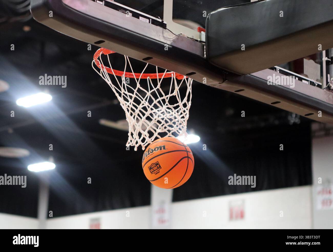 March 20, 2025 - A WBIT Logo ball goes through the net during a game in ...