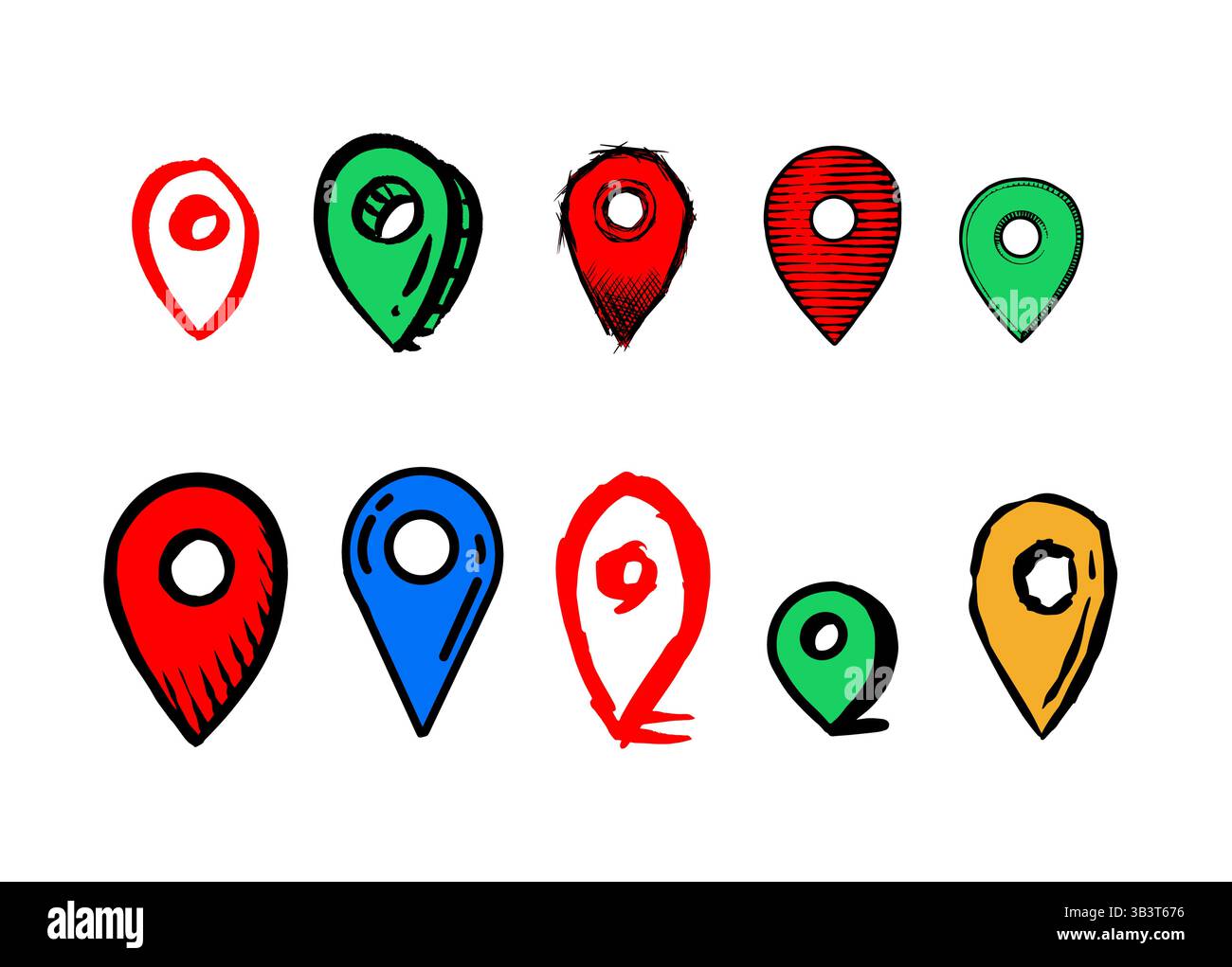 Hand drawn Map pins, doodle navigation, sign location. Set isolated on ...