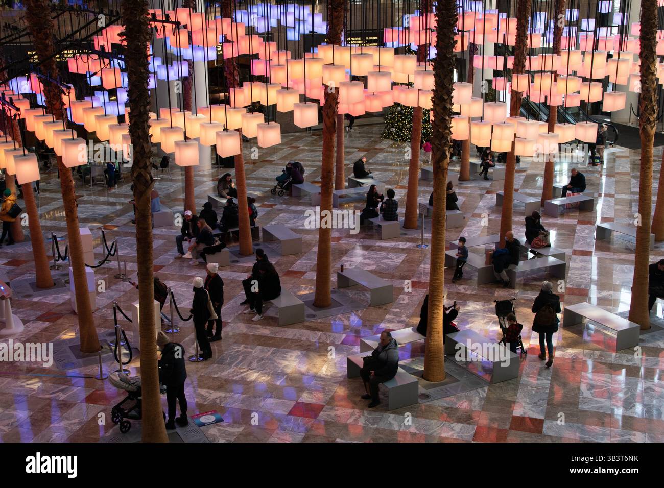 Manhattan NYC indoor view of Winter Garden Atrium with glass roof and ...