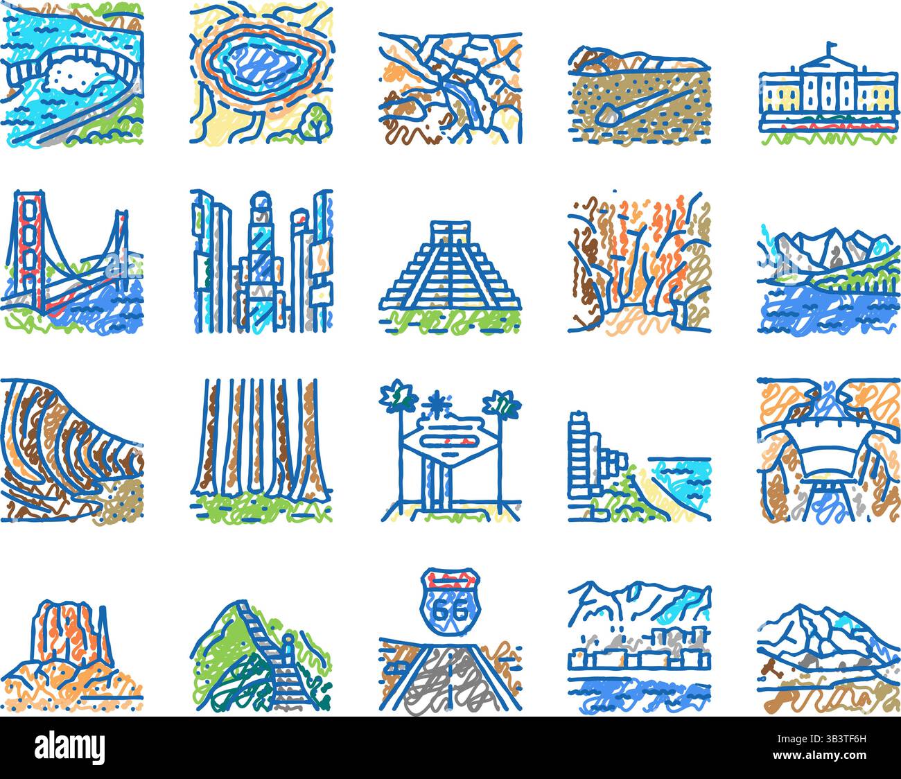 North America Famous Landscape Icons hand drawn Stock Vector Image ...