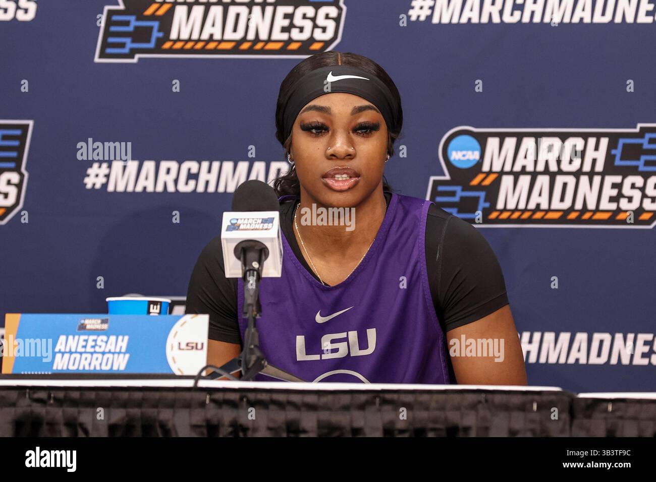 March 21, 2025: LSU's Aneesah Morrow (24) speaks to the media during ...