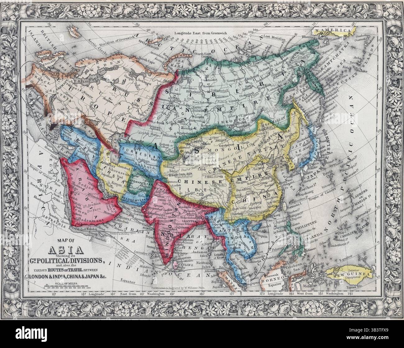 Antique map of Asia showing Political divisions and routes of travel ...