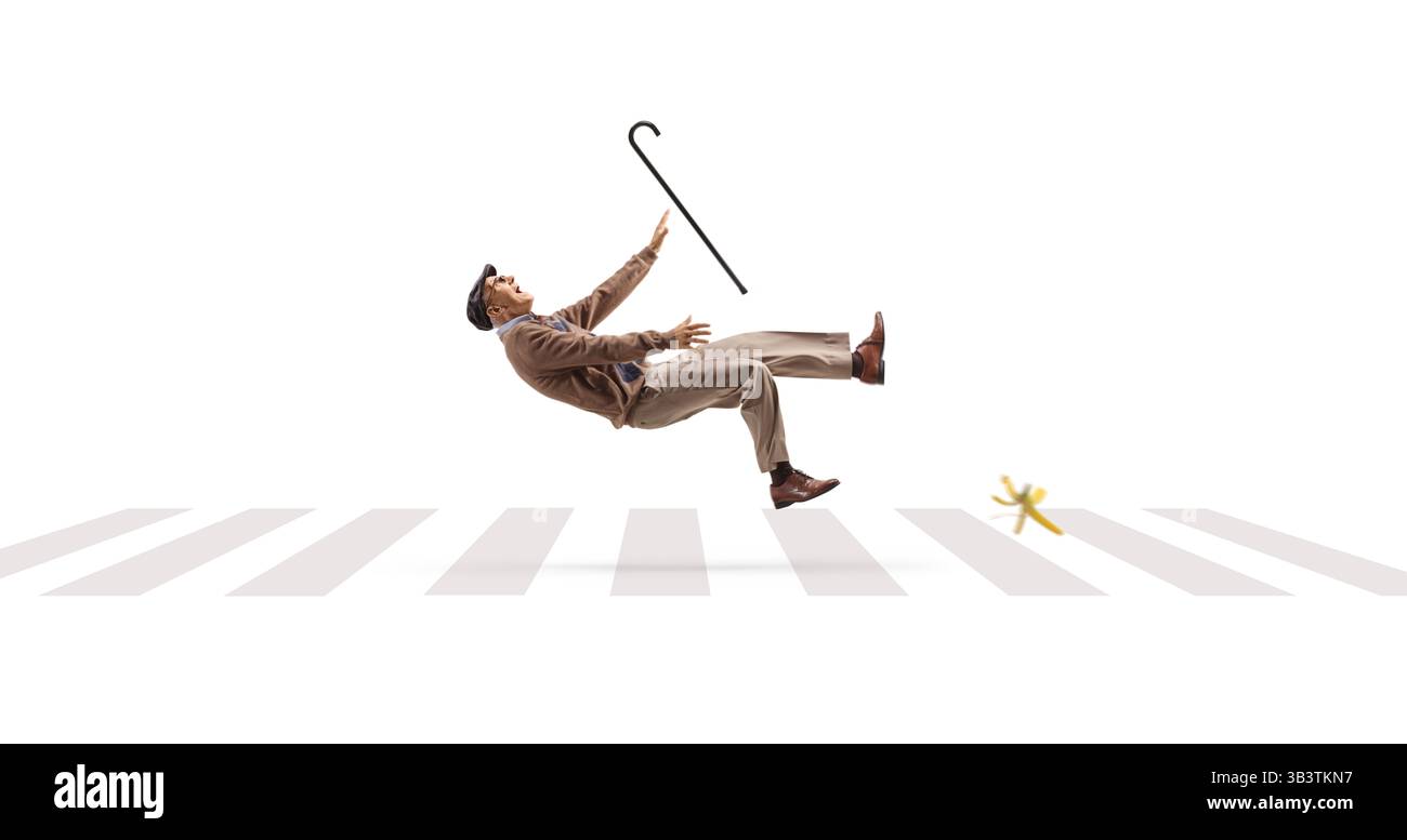 Elderly man slipping on banana peel at a zerba crossing isolated on ...