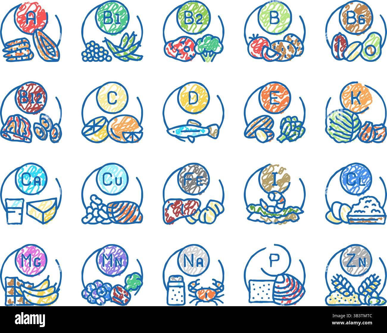 Vitamin Mineral Medical Complex Icons hand drawn Stock Vector Image ...