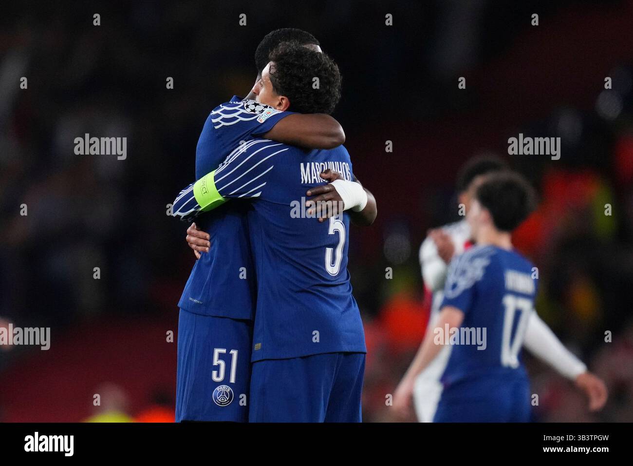 PSG's Marquinhos, right, hugs PSG's Willian Pacho at the end of the ...