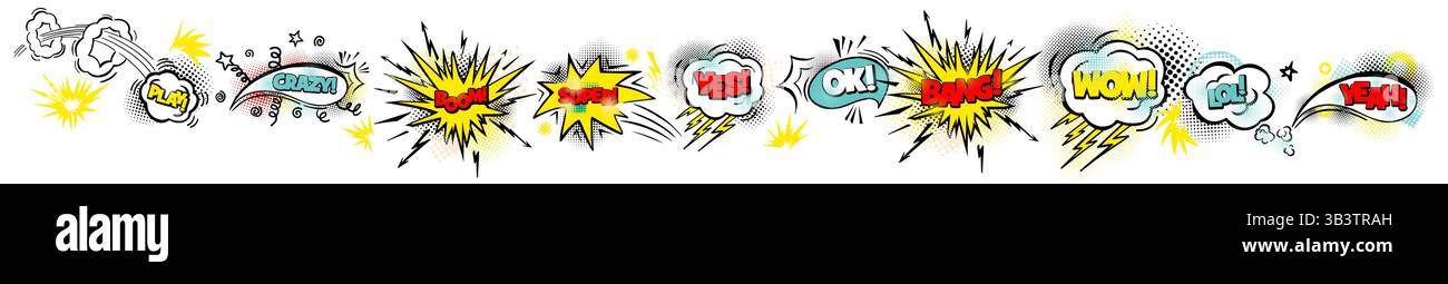 Set of colors comic speech bubbles stickers with text. hand drawing ...