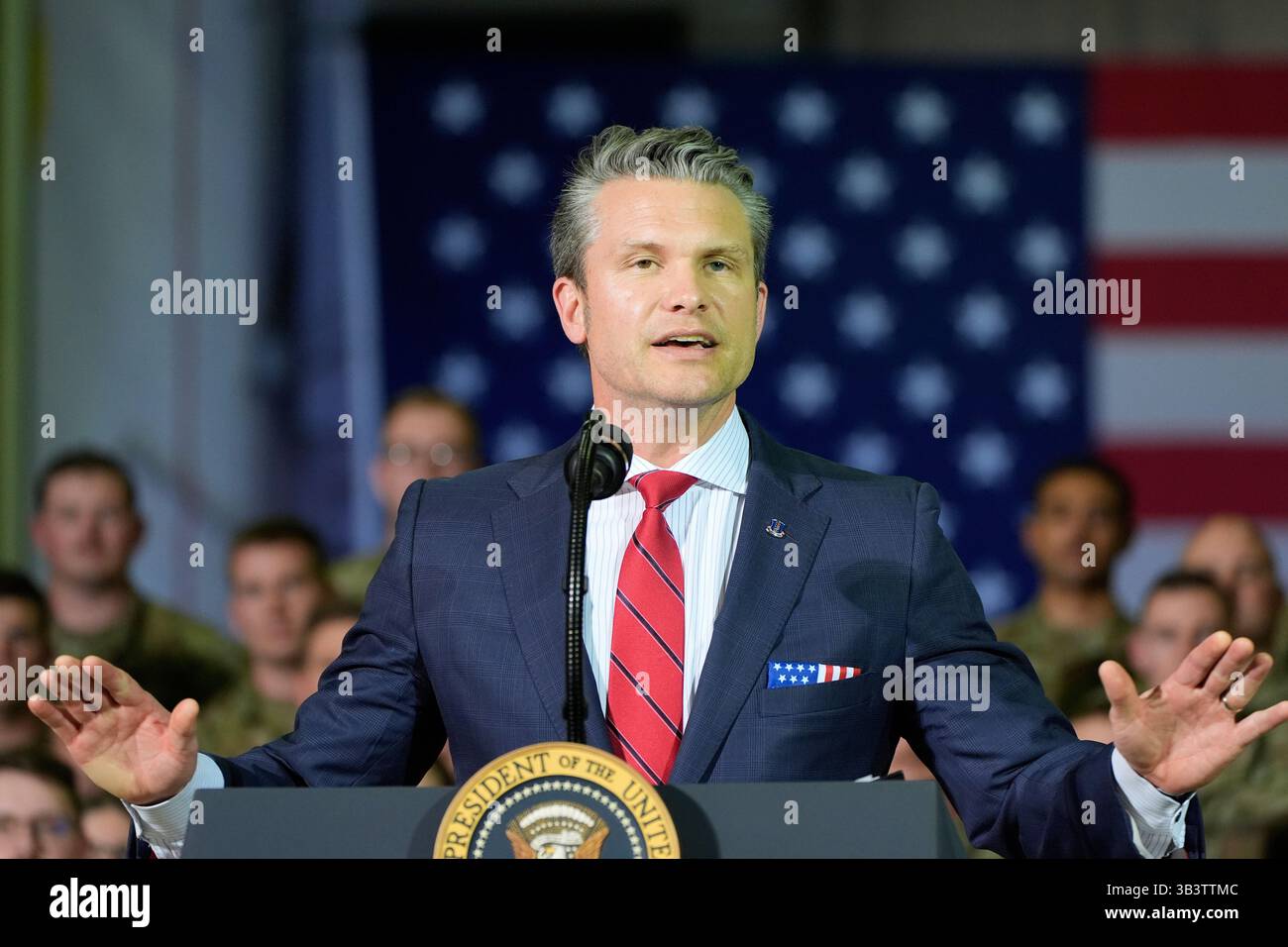Defense Secretary Pete Hegseth speaks to members of the Michigan National Guard at Selfridge Air ...
