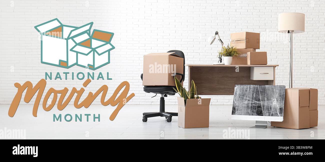 Workplace with cardboard boxes in office on moving day. National Moving ...