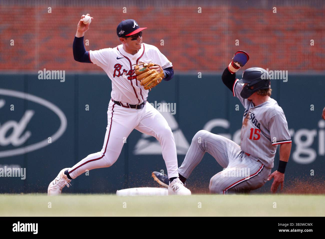 ATLANTA, GA - APRIL 20: Nick Allen #2 of the Atlanta Braves attempts to ...