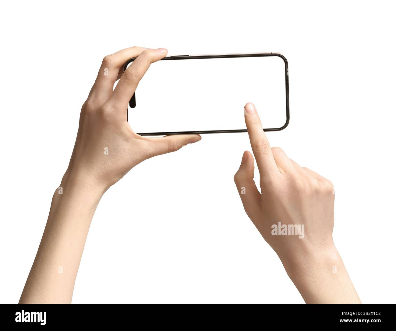 Female hands using blank mobile phone on white background Stock Photo ...
