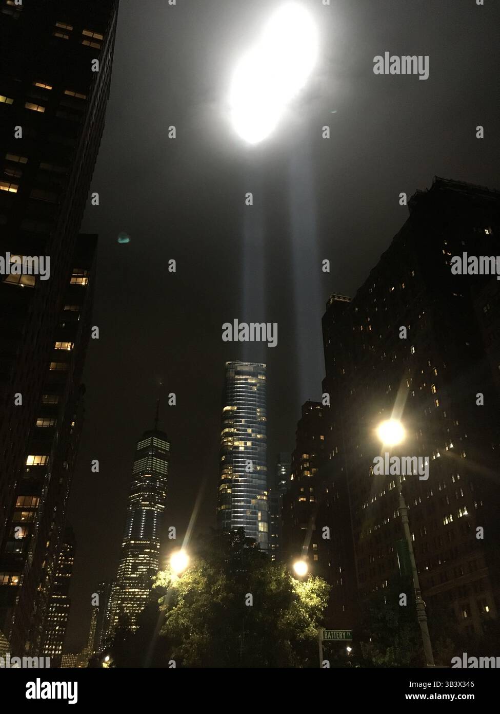 Twin towers 9/11 memorial lights in lower Manhattan, New York city ...