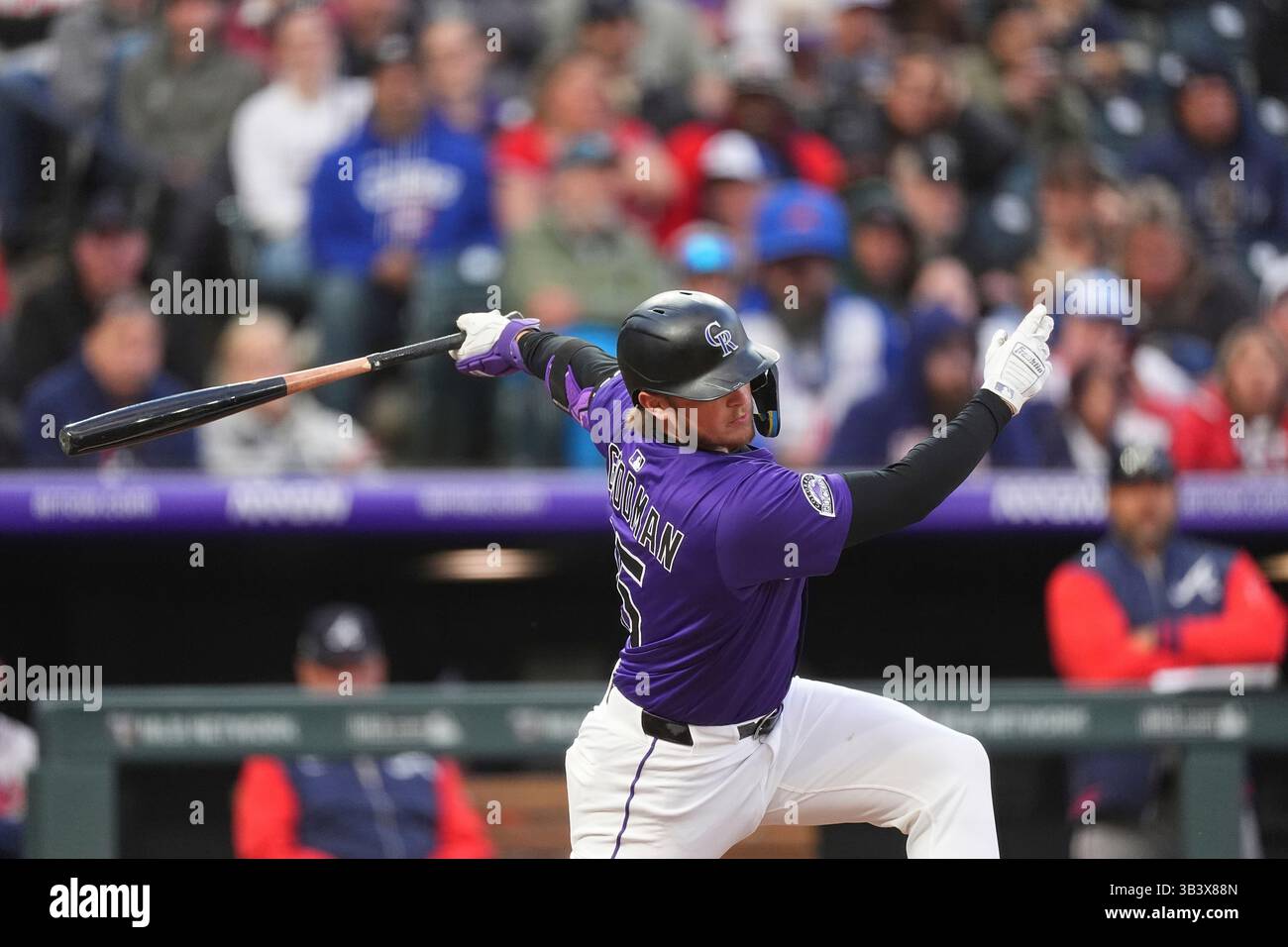 Colorado Rockies catcher Hunter Goodman (15) in the third inning of a ...