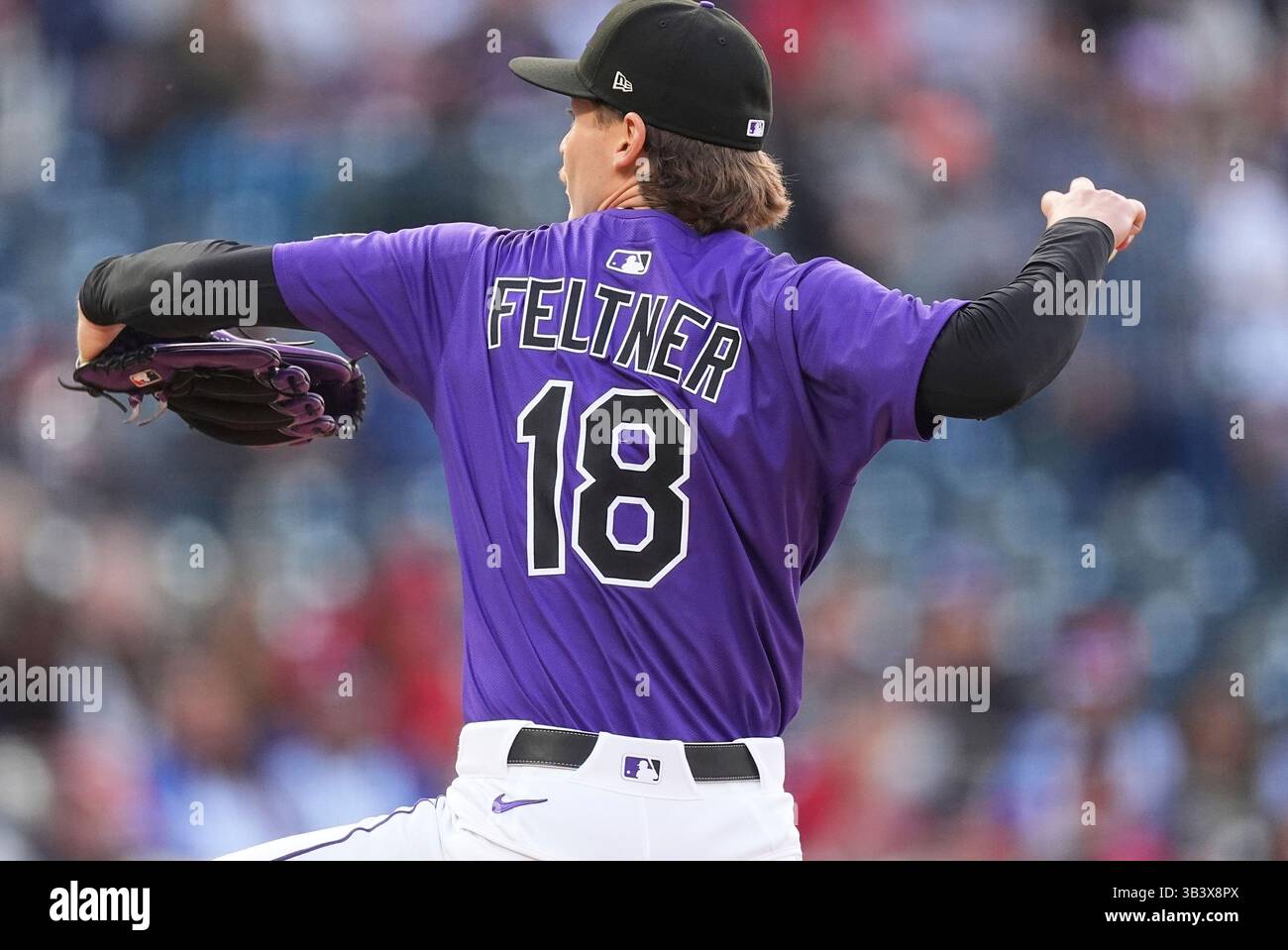Colorado Rockies starting pitcher Ryan Feltner (18) in the first inning ...