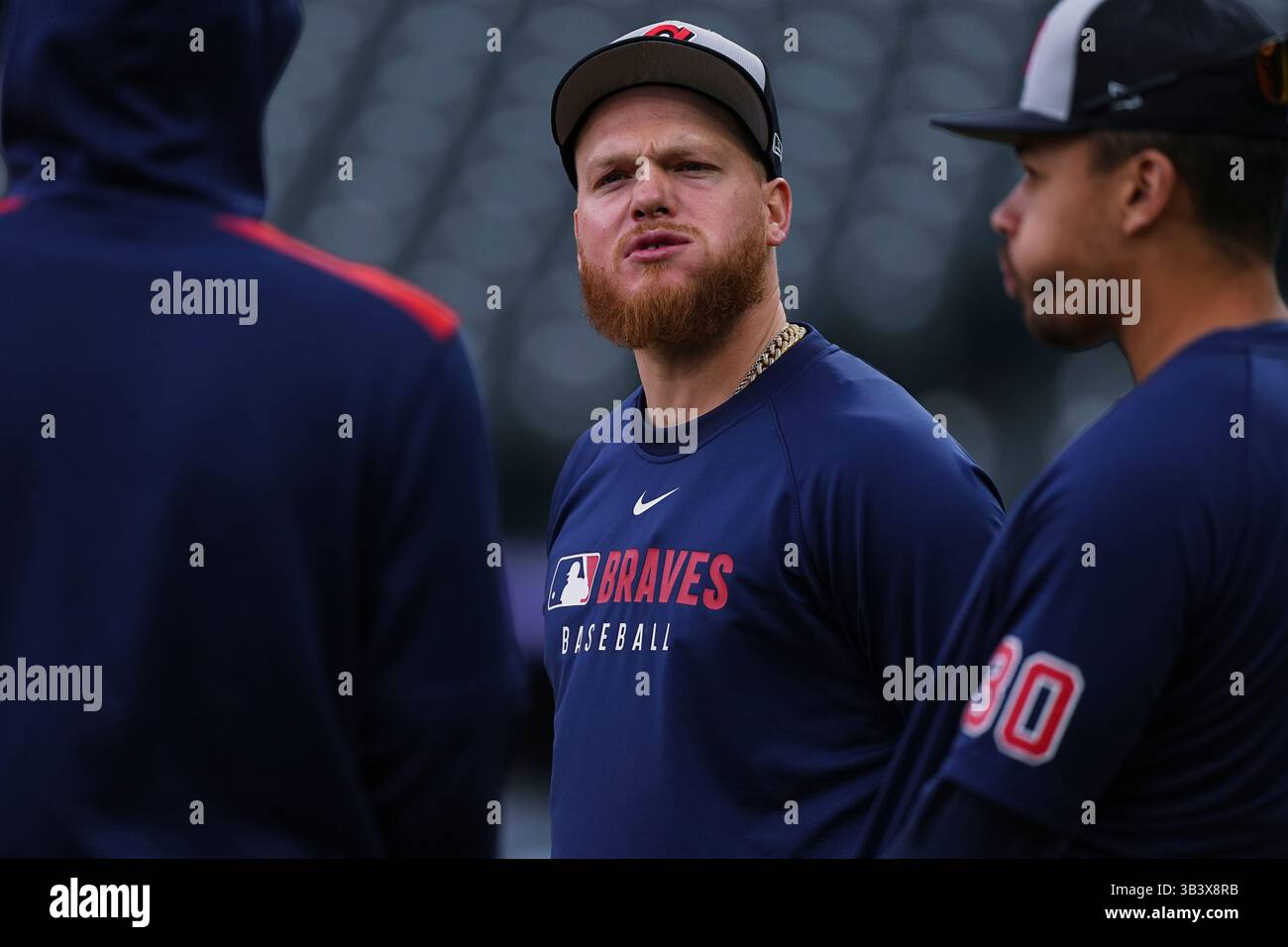 Atlanta Braves left fielder Alex Verdugo (8) warms up before a baseball game Monday, April 28 ...