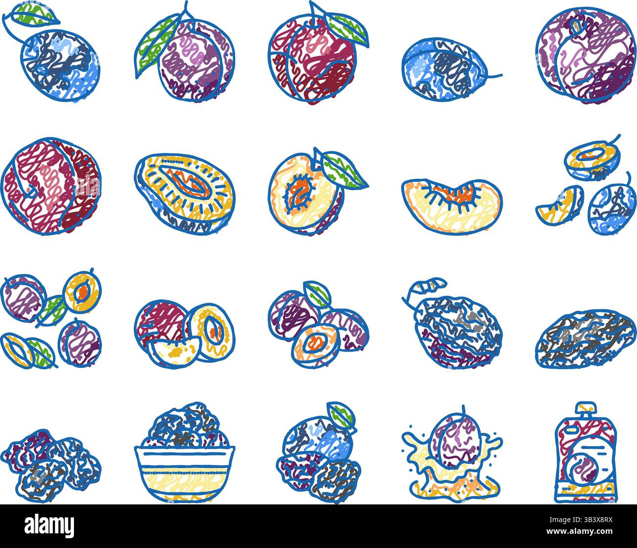 plum fruit green red prune icons hand drawn Stock Vector Image & Art ...