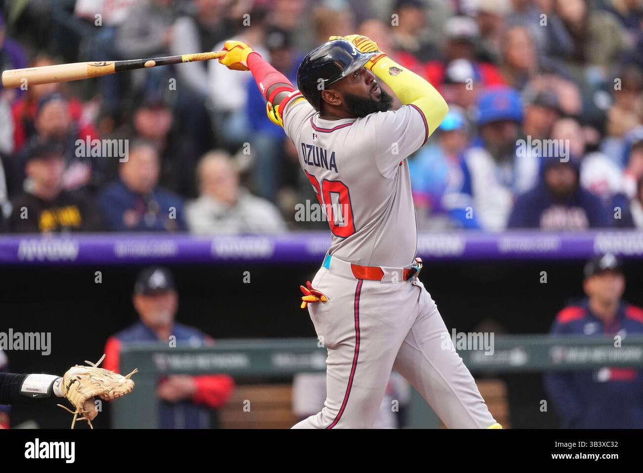 Atlanta Braves designated hitter Marcell Ozuna (20) in the third inning ...