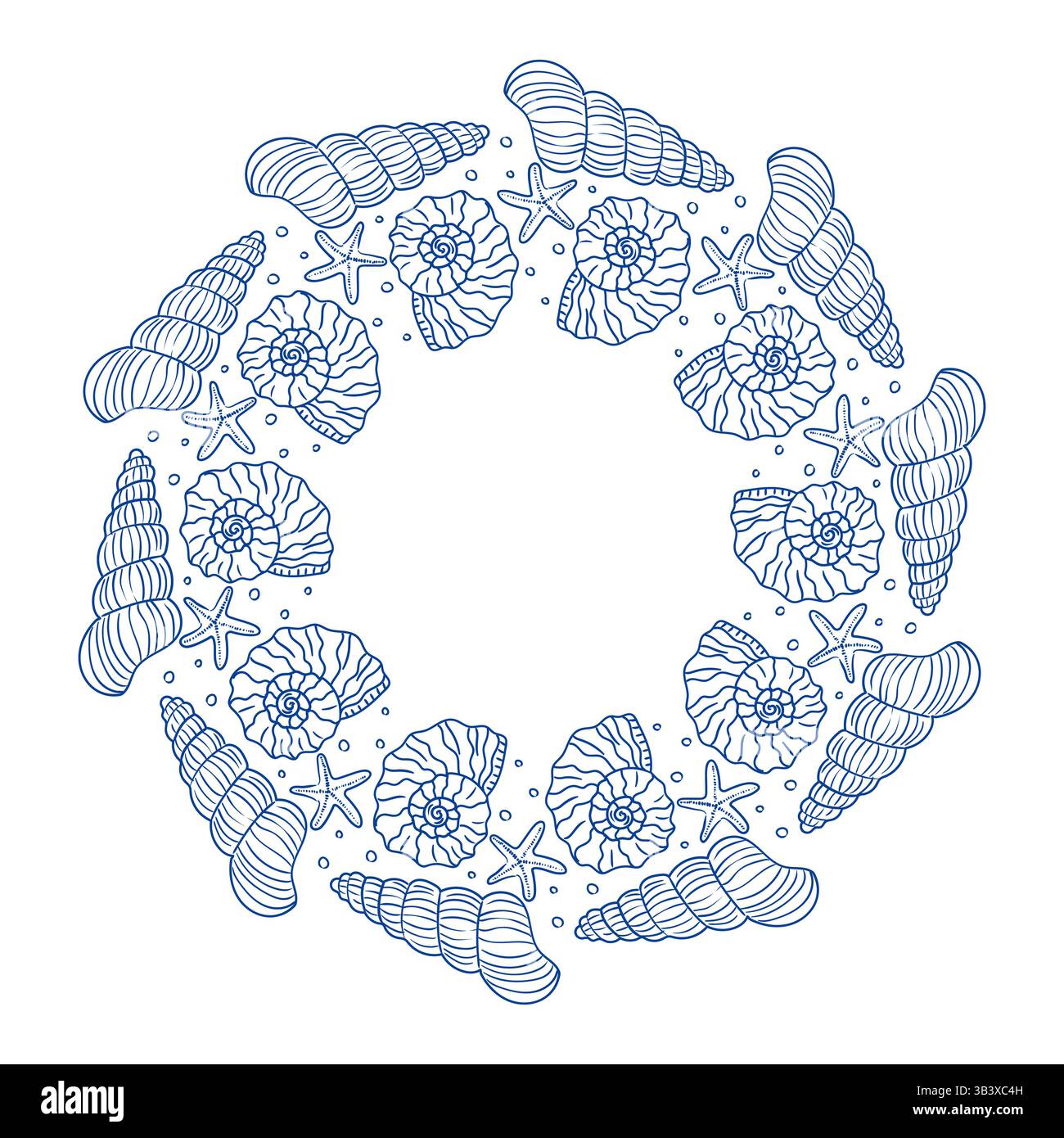 Sea life circle design featuring shells and starfish in a simple ...
