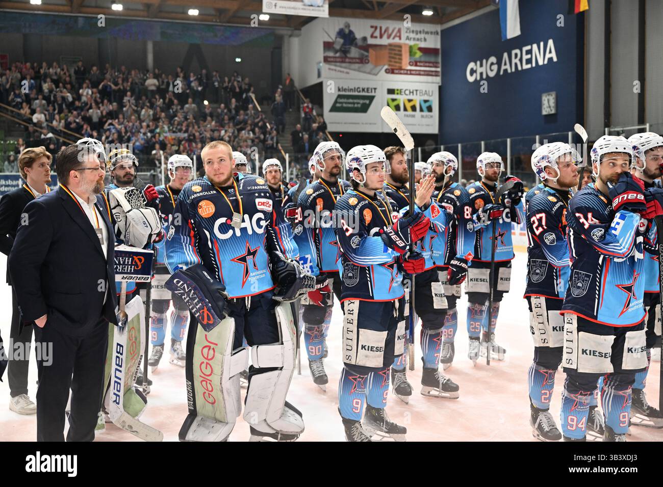 Ravensburg, Germany. 29th Apr, 2025. Ice hockey: DEL2, Towerstars Ravensburg against Dresdner ...