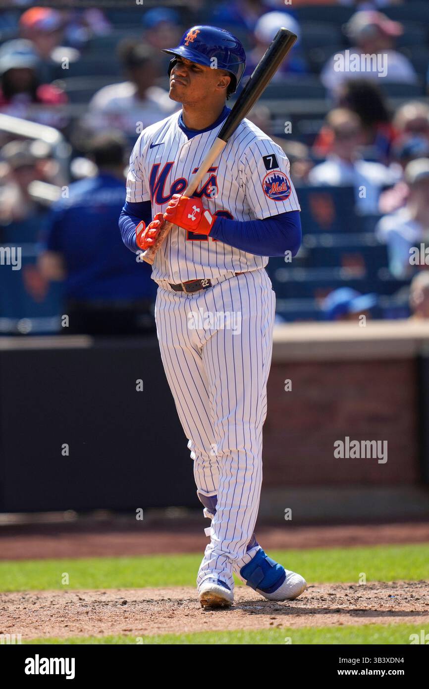 New York Mets' Juan Soto reacts after striking out during the seventh ...