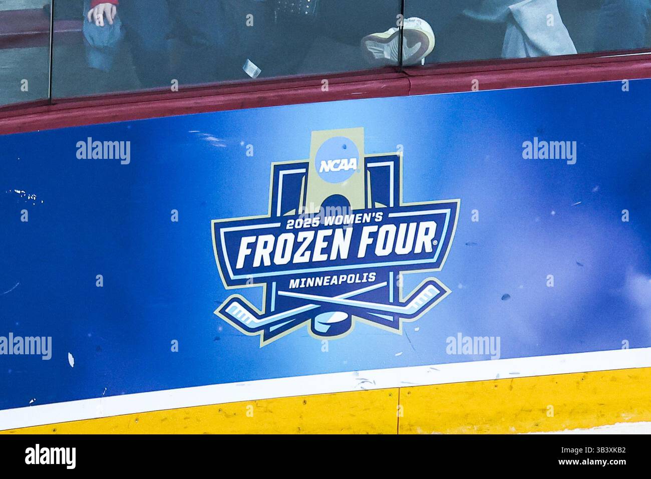 Minneapolis. 23rd Mar, 2025. The Frozen Four logo on the boards during ...