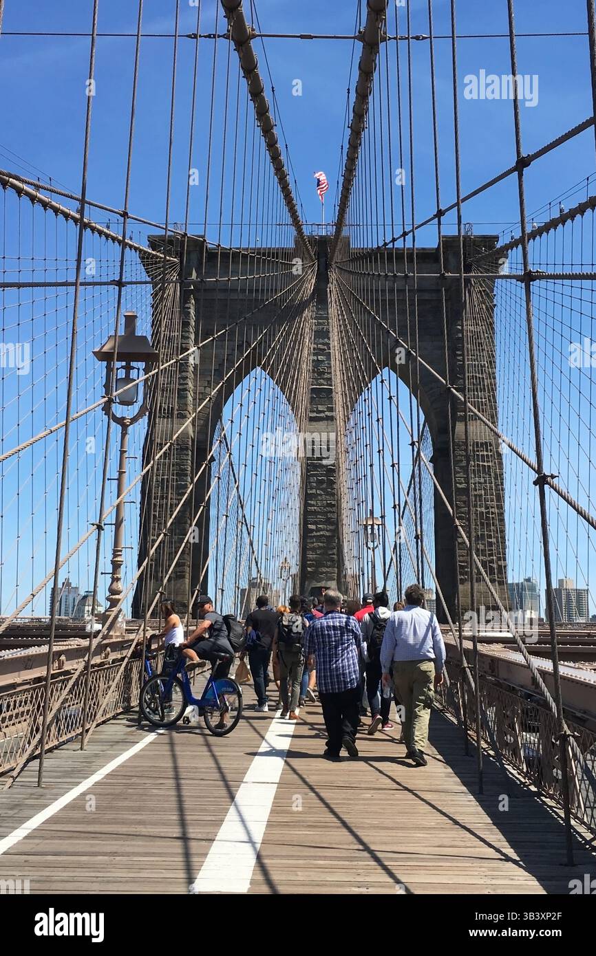 People walking on Brooklyn Bridge with New York skyline, urban scene ...
