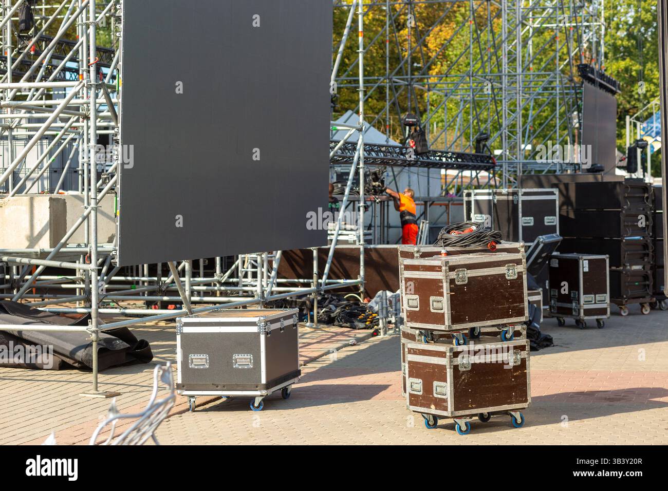 Stage equipment for the organization of concert shows. Boxes with ...
