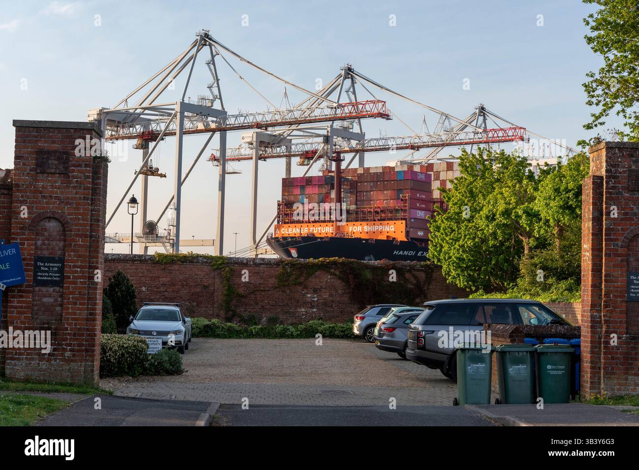 Southampton England UK. 28.04.2025. Container ship and quay cranes ...