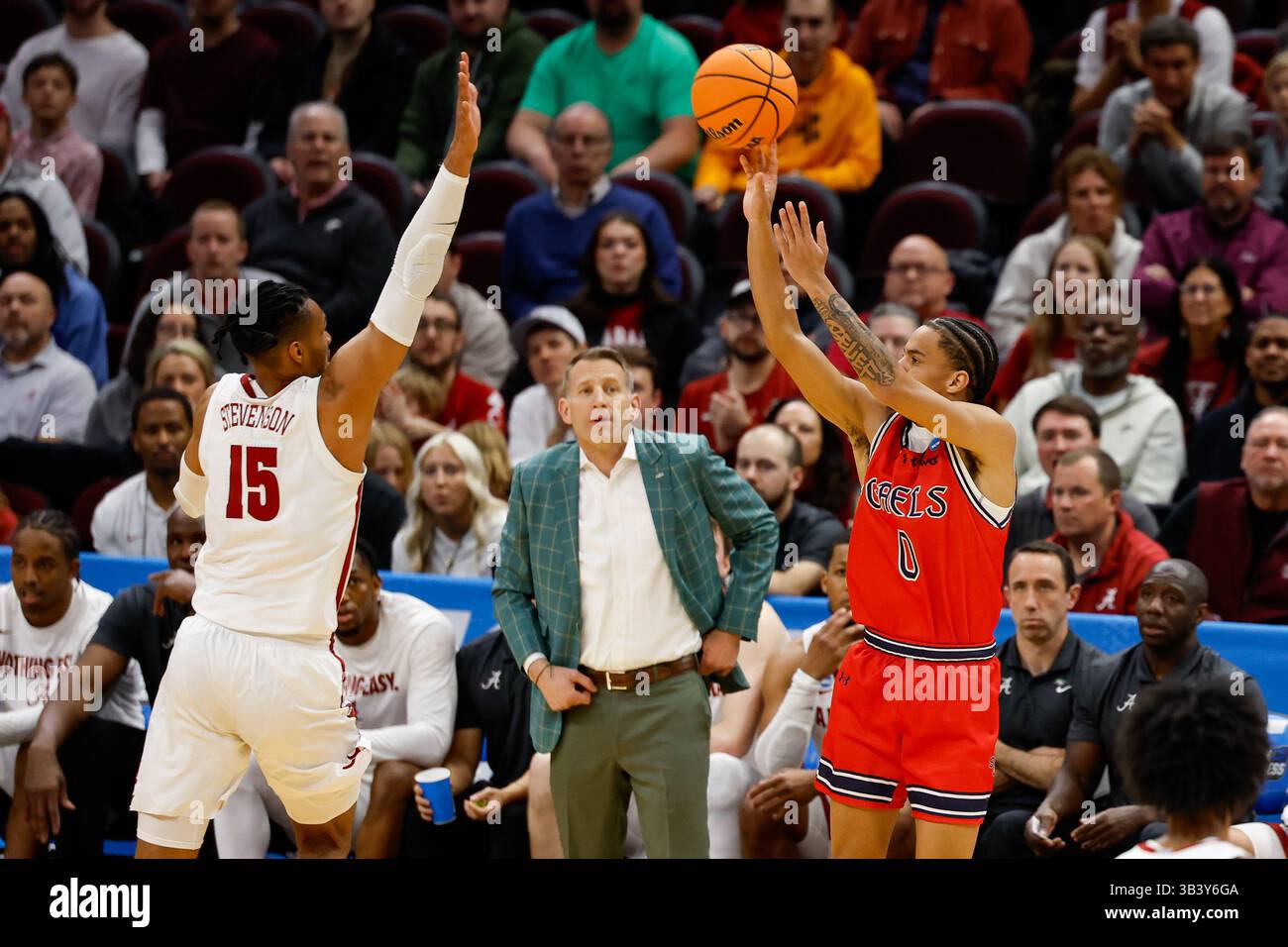 March 23, 2025: Alabama forward Darin Stevenson (15) attempts to block St. Mary's guard Mikey ...