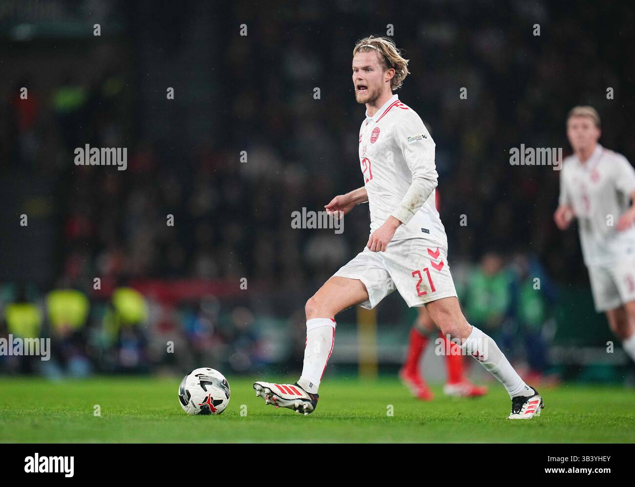 March 23 2025: Morten Hjulmand of Denmark controls the ball during a ...