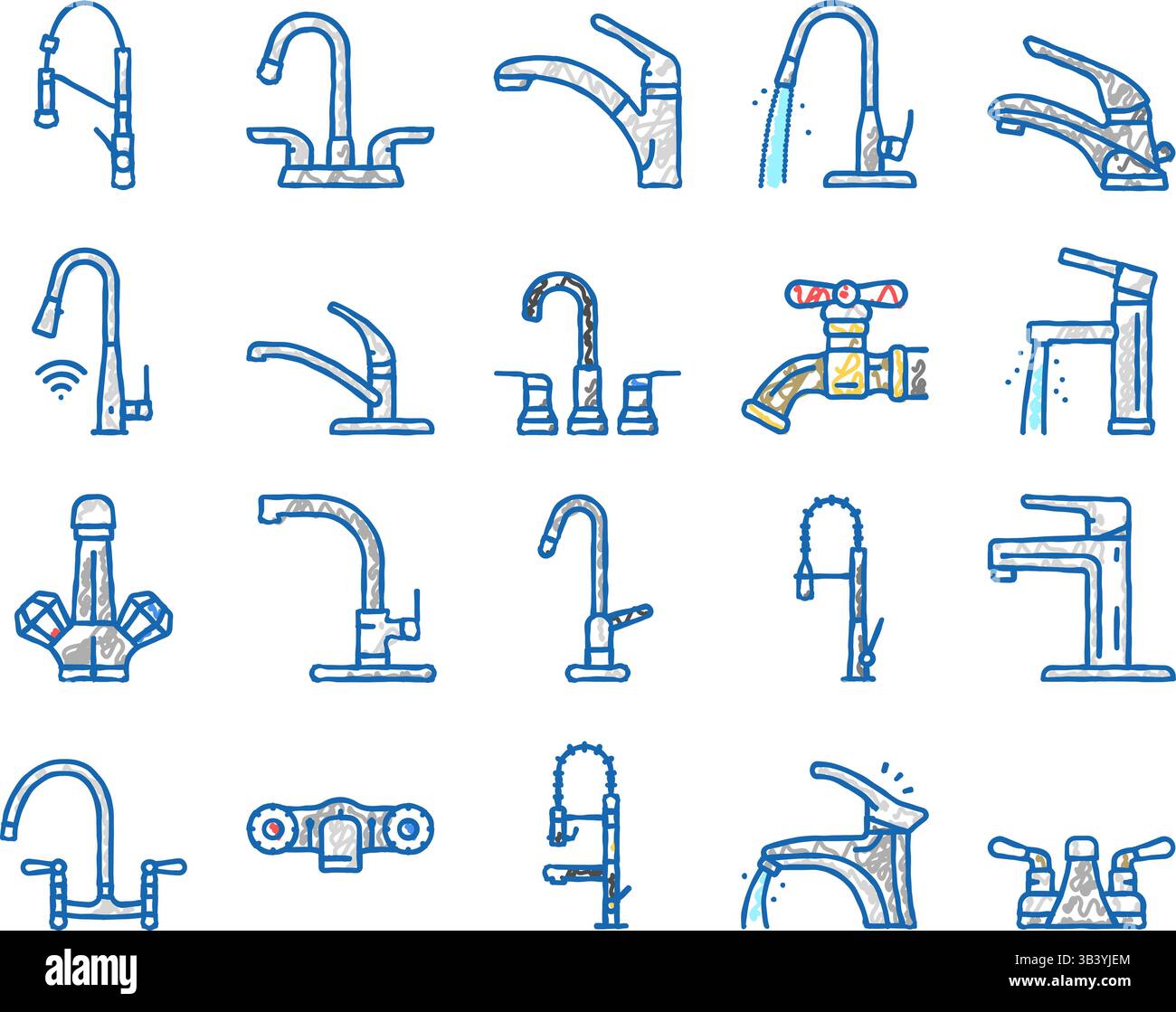 faucet water sink tap bathroom icons hand drawn Stock Vector Image ...