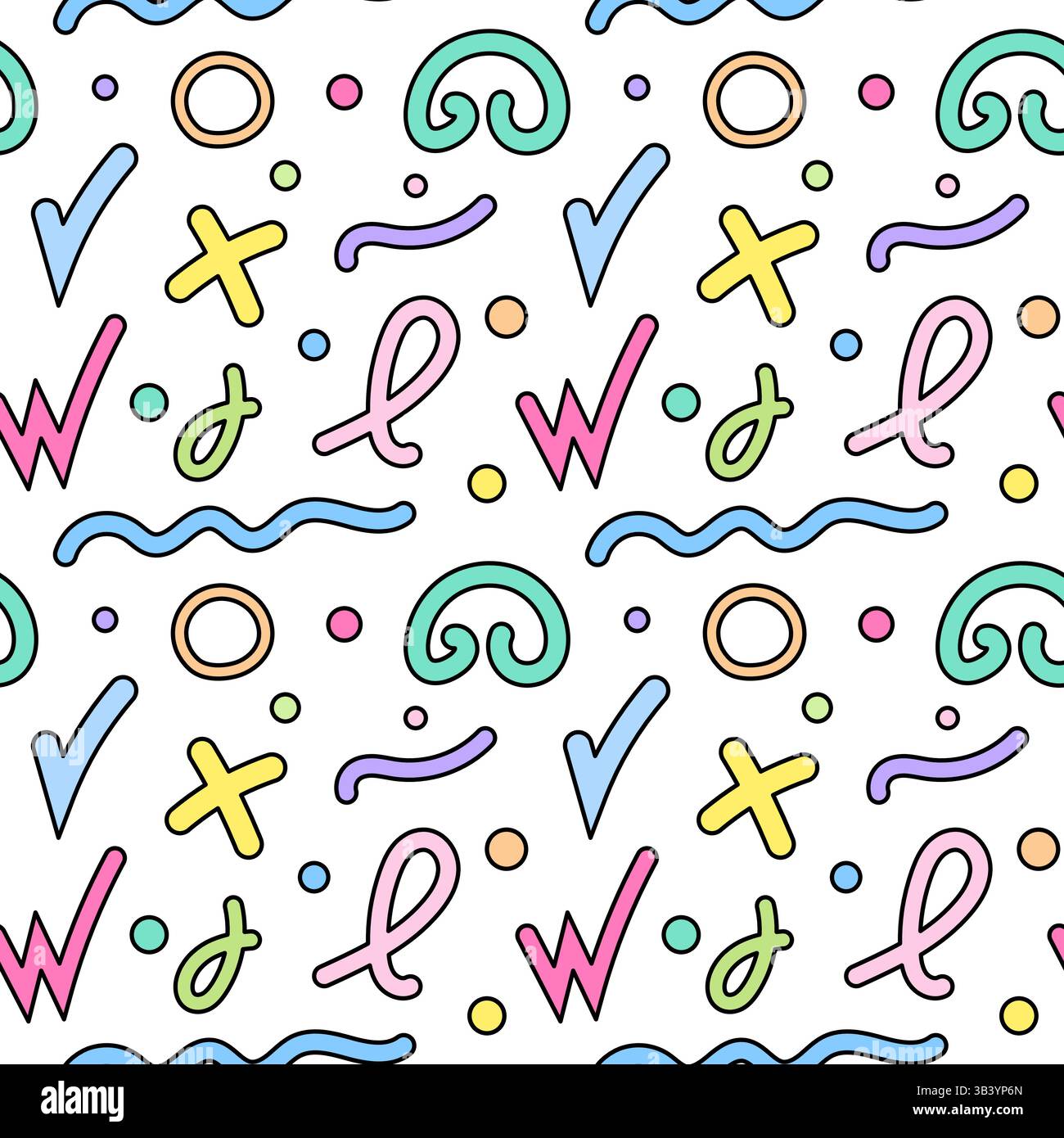 Seamless pattern featuring abstract pastel doodle shapes, squiggles ...