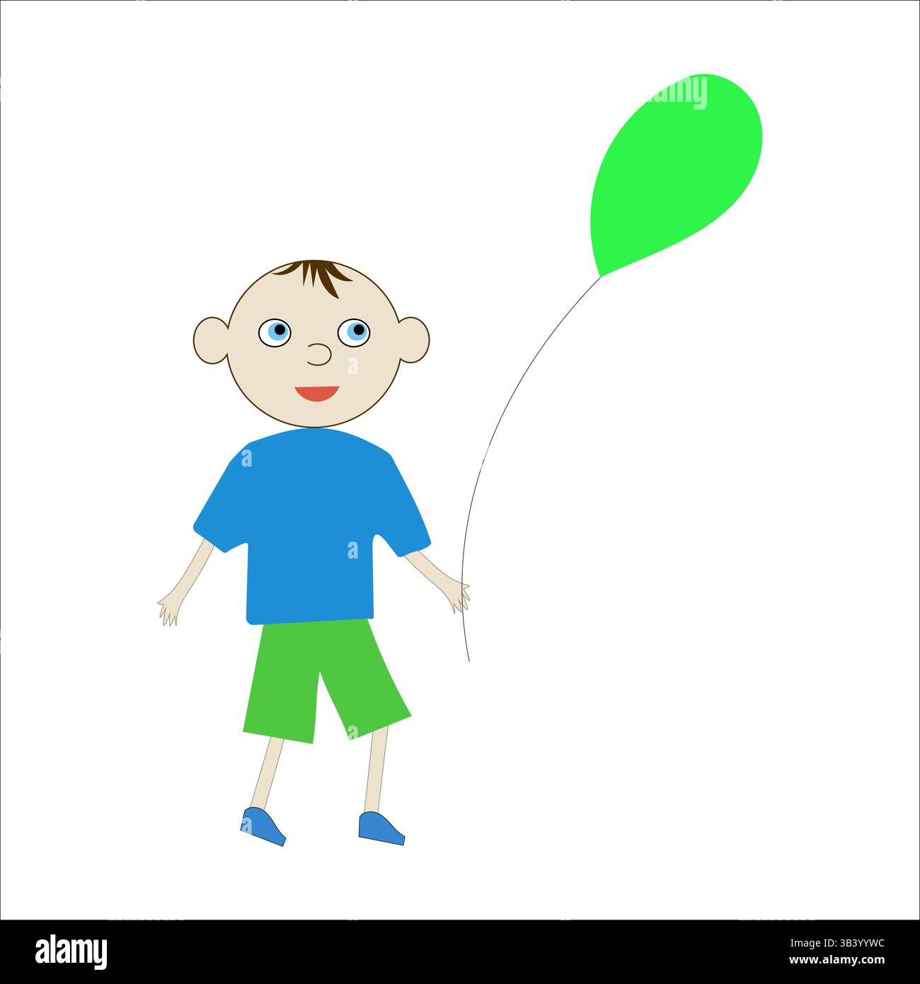 Boy holding balloon. Green floating shape. Child cartoon figure. Vector ...