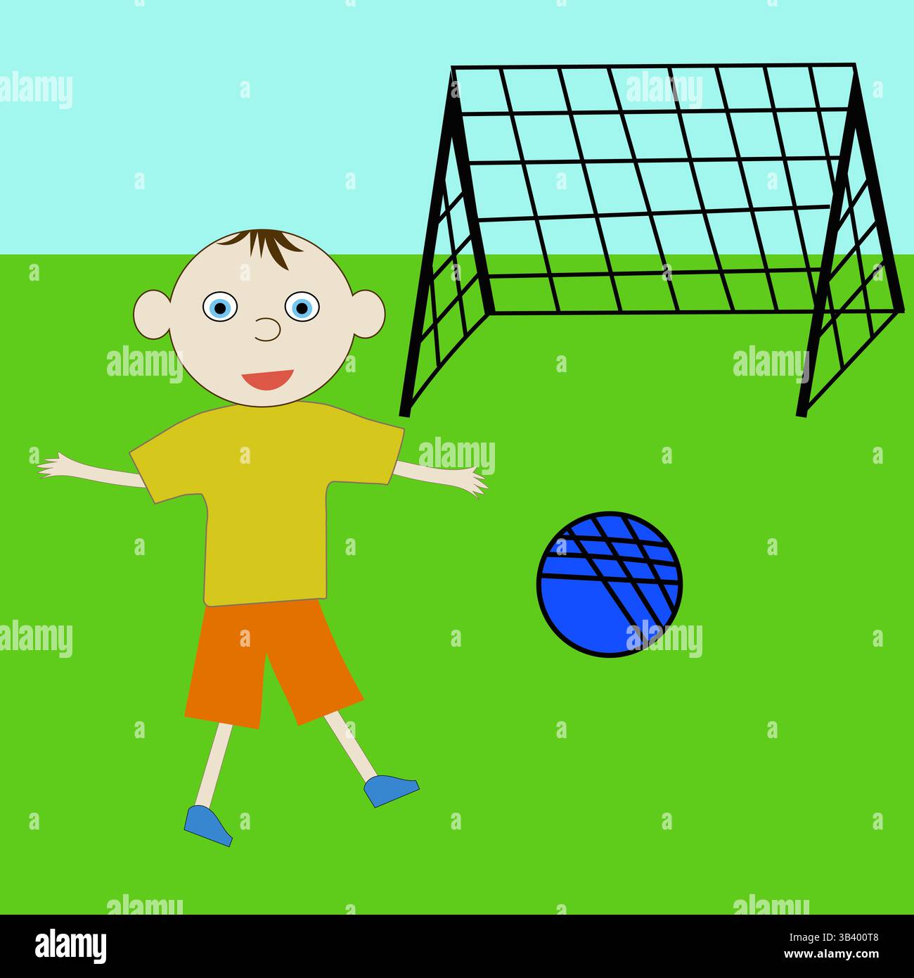 Boy playing football. Soccer net scene. Blue ball figure. Vector sport ...