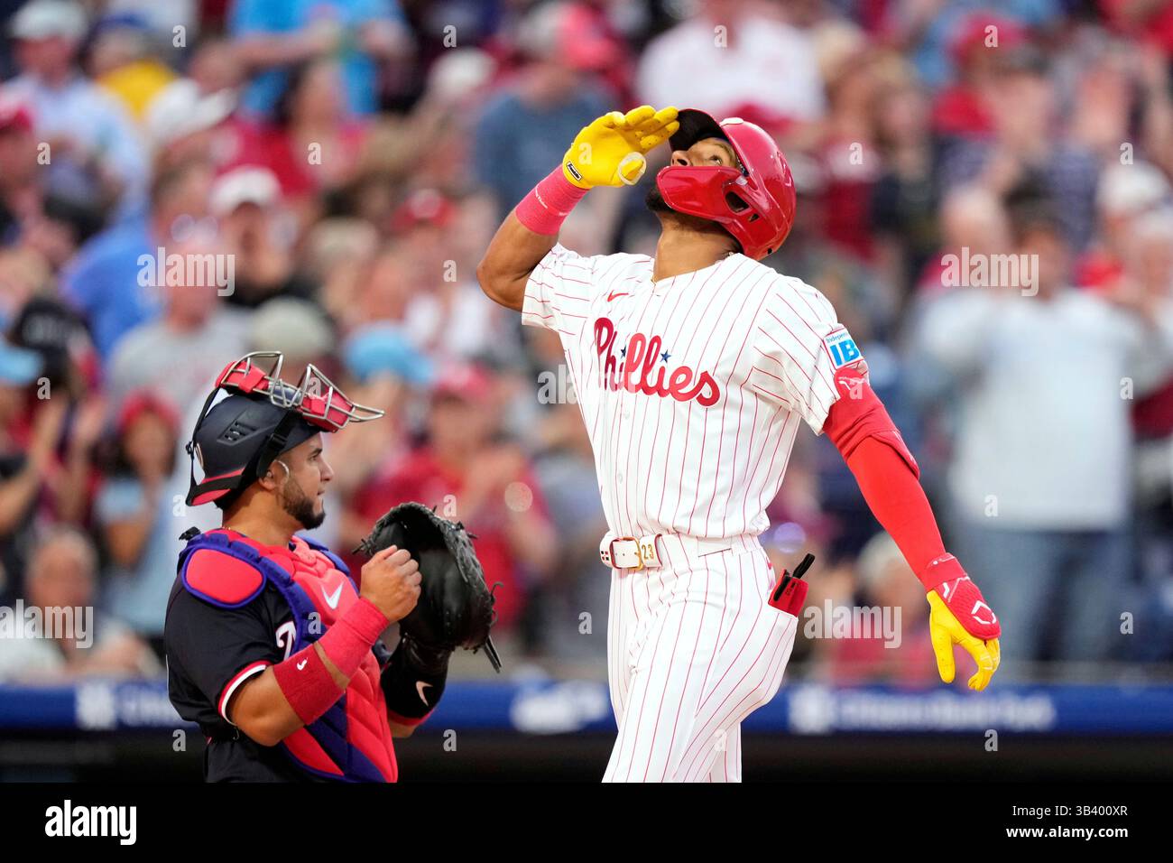 Philadelphia Phillies' Johan Rojas reacts after hitting a home run ...