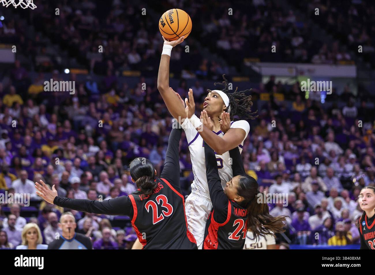 March 22, 2025: LSU's SaMyah Smith (5) puts up a shot over San Diego St ...
